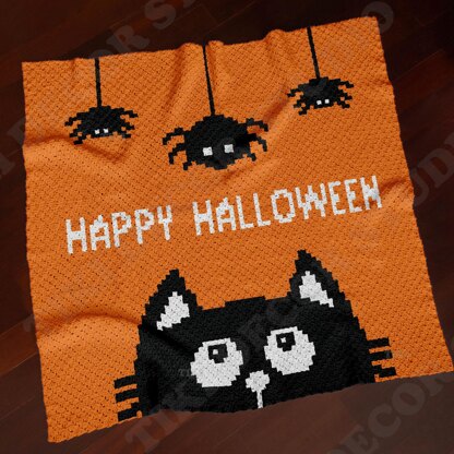 Happy Halloween Orange Blanket Black Cat Face & Spiders Throw C2C ...